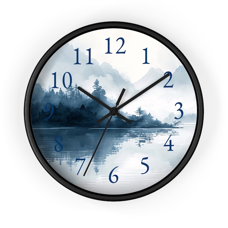 Watercolor Pine Trees and Mountains Wall Clock With Numbers, Foggy ...