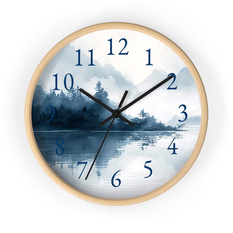Watercolor Pine Trees and Mountains Wall Clock With Numbers, Foggy ...