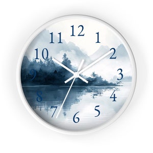 Watercolor Pine Trees and Mountains Wall Clock With Numbers, Foggy ...
