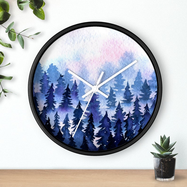 Watercolor Pine Trees and Mountains Wall Clock With Numbers, Foggy ...