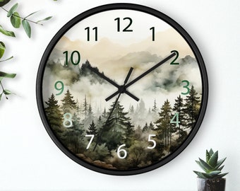 Watercolor Pine Trees and Mountains Wall Clock With Numbers, Foggy ...