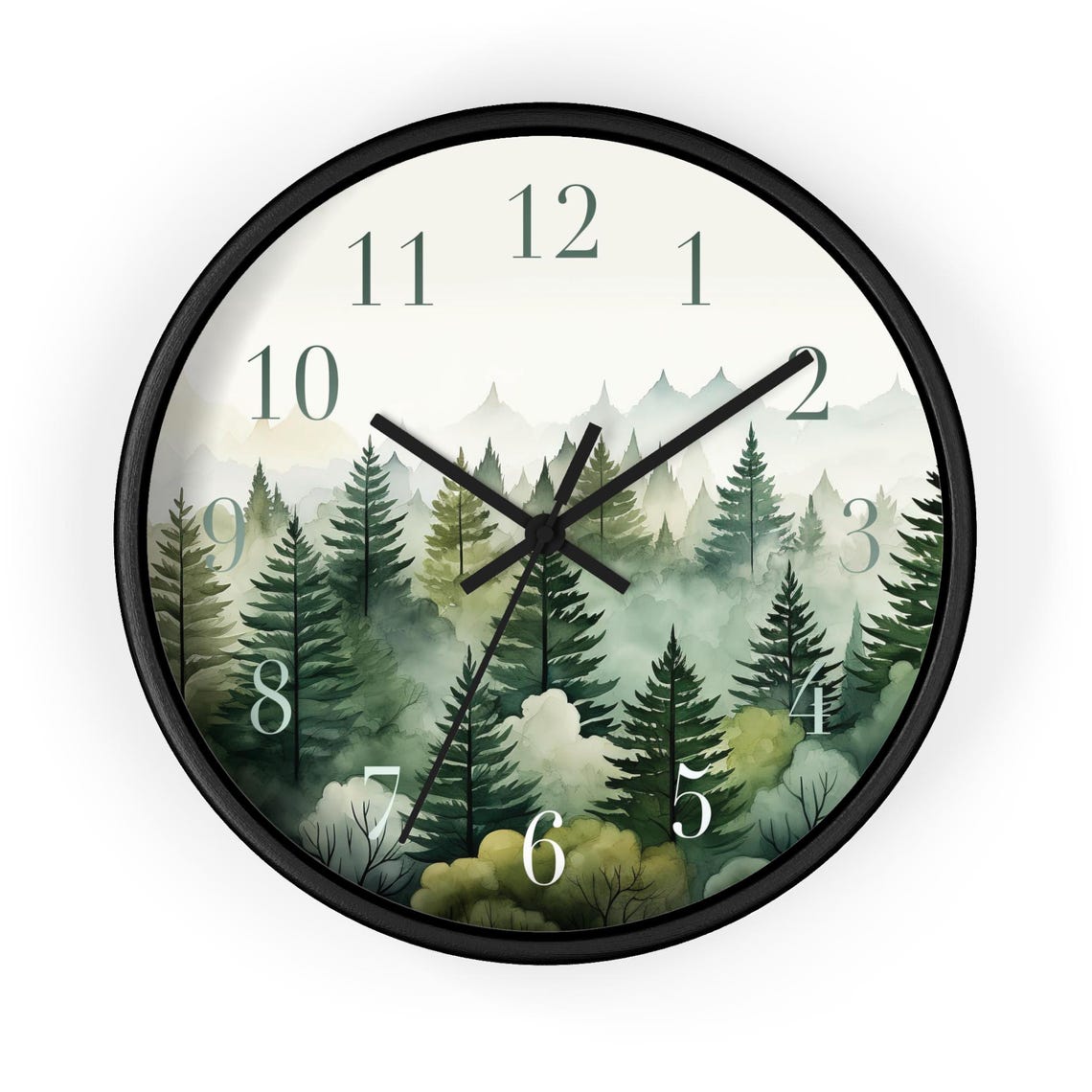 Watercolor Pine Trees and Mountains Wall Clock With Numbers, Foggy ...