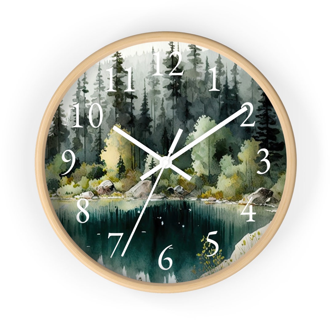 Watercolor Pine Trees and Mountains Wall Clock With Numbers, Foggy ...