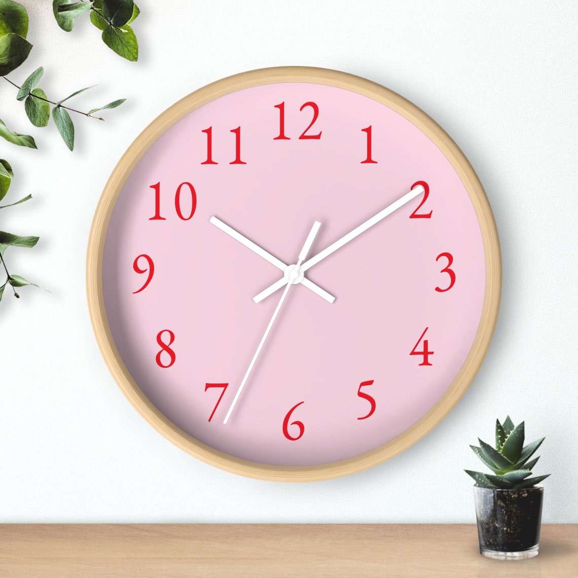 Pink Simple Wall Clock, Large Pink Clock With Red Numbers, Simple and ...
