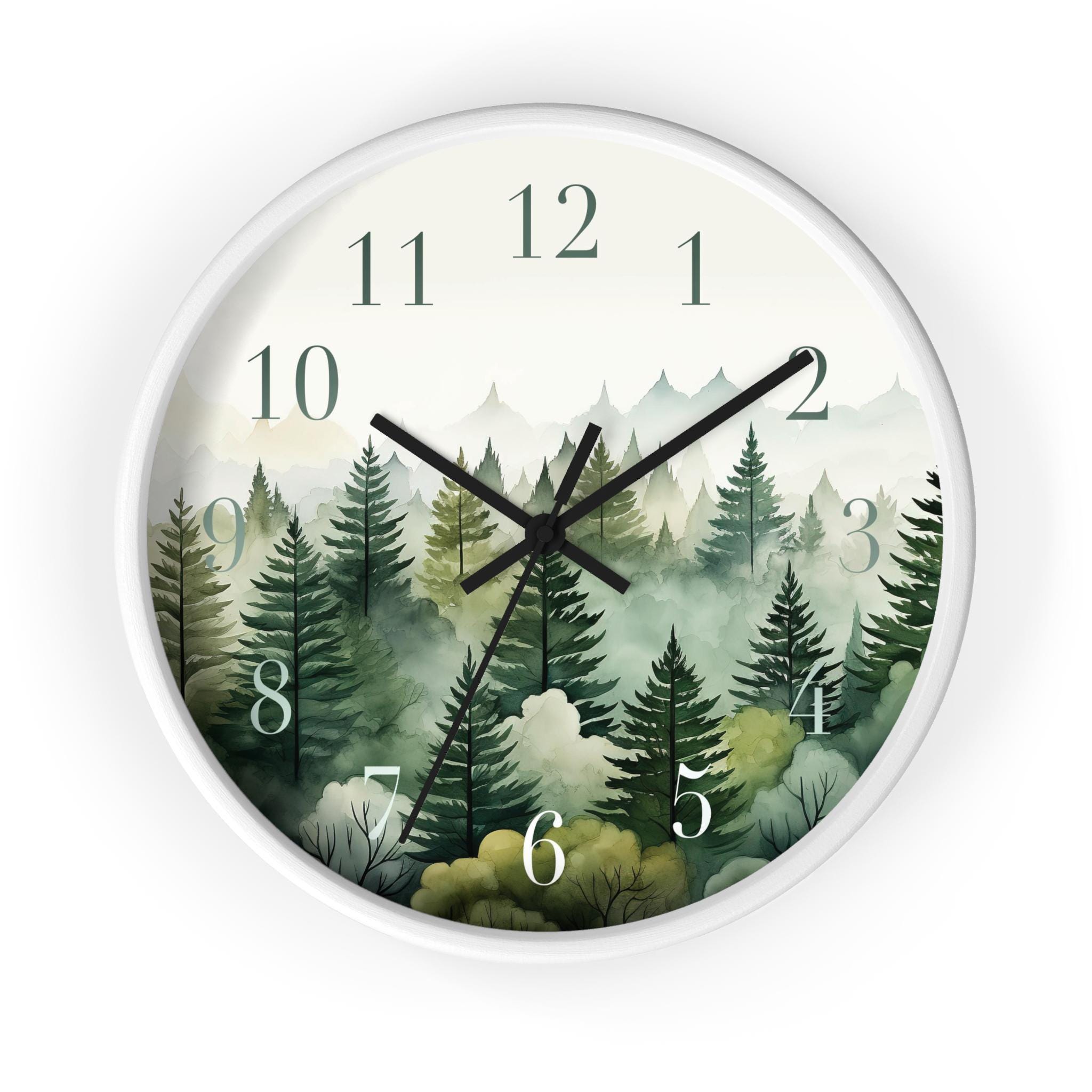 Watercolor Pine Trees and Mountains Wall Clock With Numbers, Foggy ...