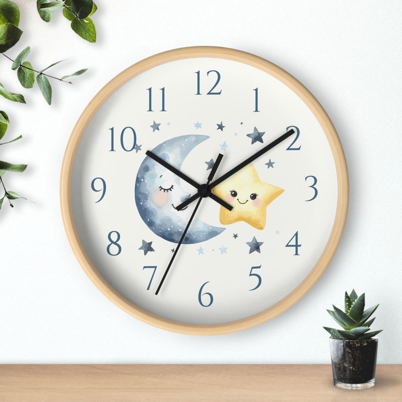 Nursery Clock, Moon and Stars Clock Design, Kids Wall Clock, Minimalist ...