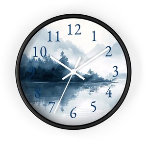 Watercolor Pine Trees and Mountains Wall Clock With Numbers, Foggy ...