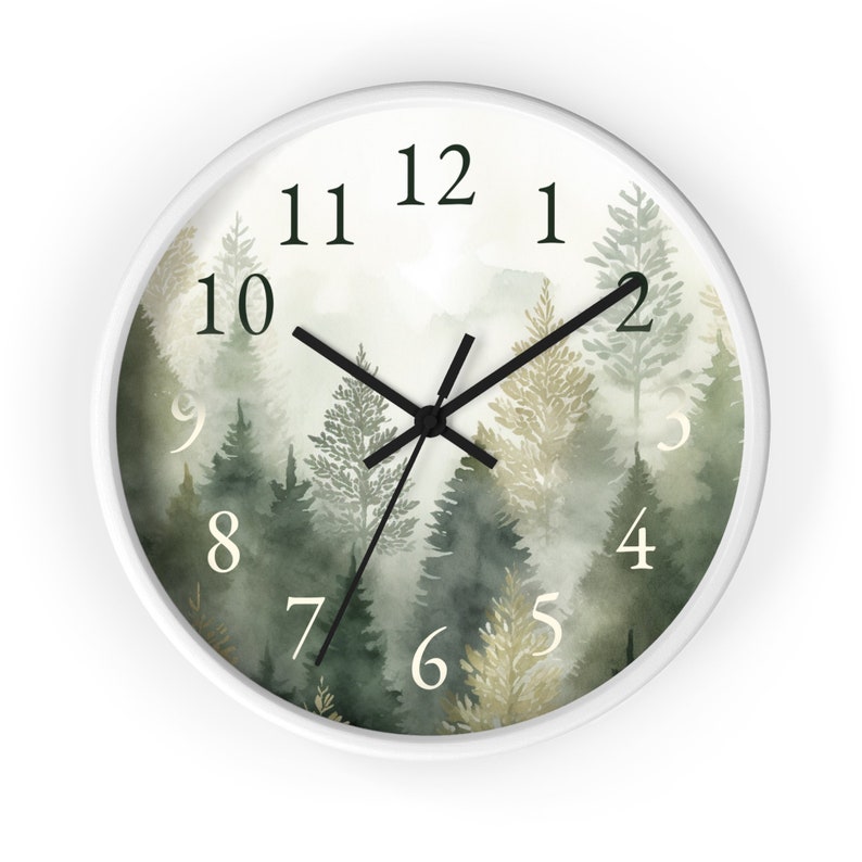Watercolor Pine Trees and Mountains Wall Clock With Numbers, Foggy ...