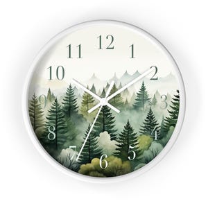 Watercolor Pine Trees and Mountains Wall Clock With Numbers, Foggy ...