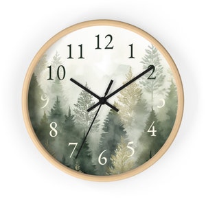Watercolor Pine Trees and Mountains Wall Clock With Numbers, Foggy ...