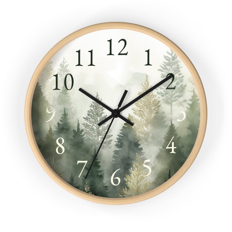 Watercolor Pine Trees and Mountains Wall Clock With Numbers, Foggy ...