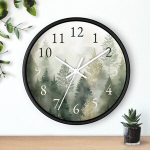 Watercolor Pine Trees and Mountains Wall Clock With Numbers, Foggy ...