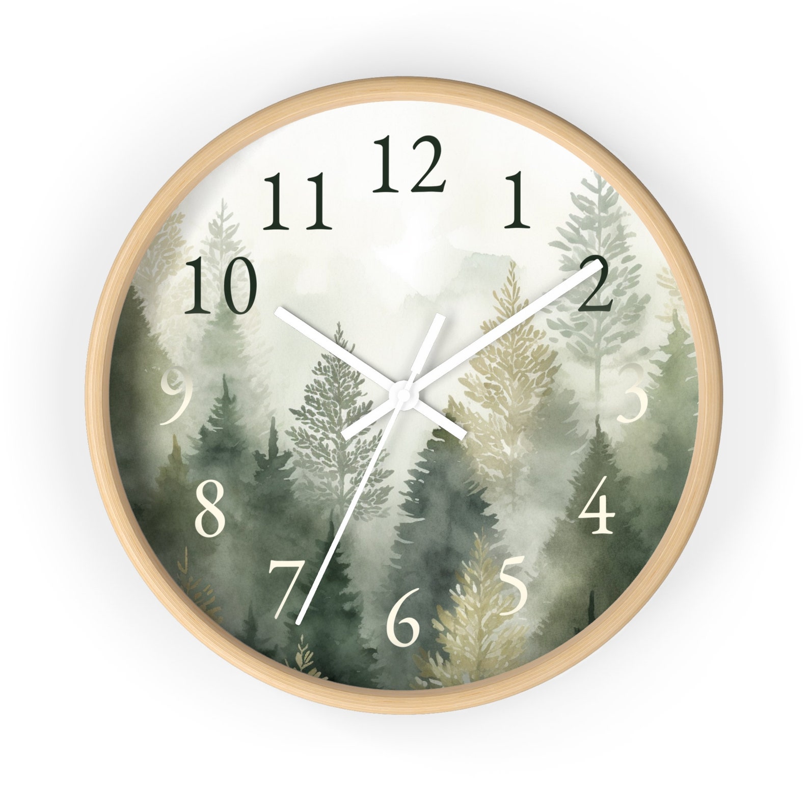 Watercolor Pine Trees and Mountains Wall Clock With Numbers, Foggy ...