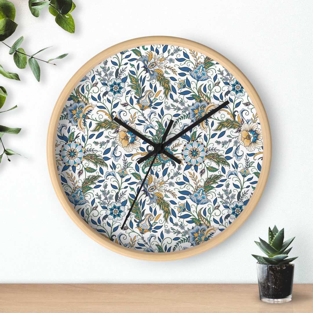 Blue Floral Decorative Wall Clock, Botanical Sage Green Wall Clock ...