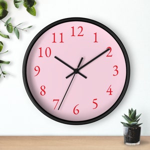 Pink Simple Wall Clock, Large Pink Clock With Red Numbers, Simple and ...