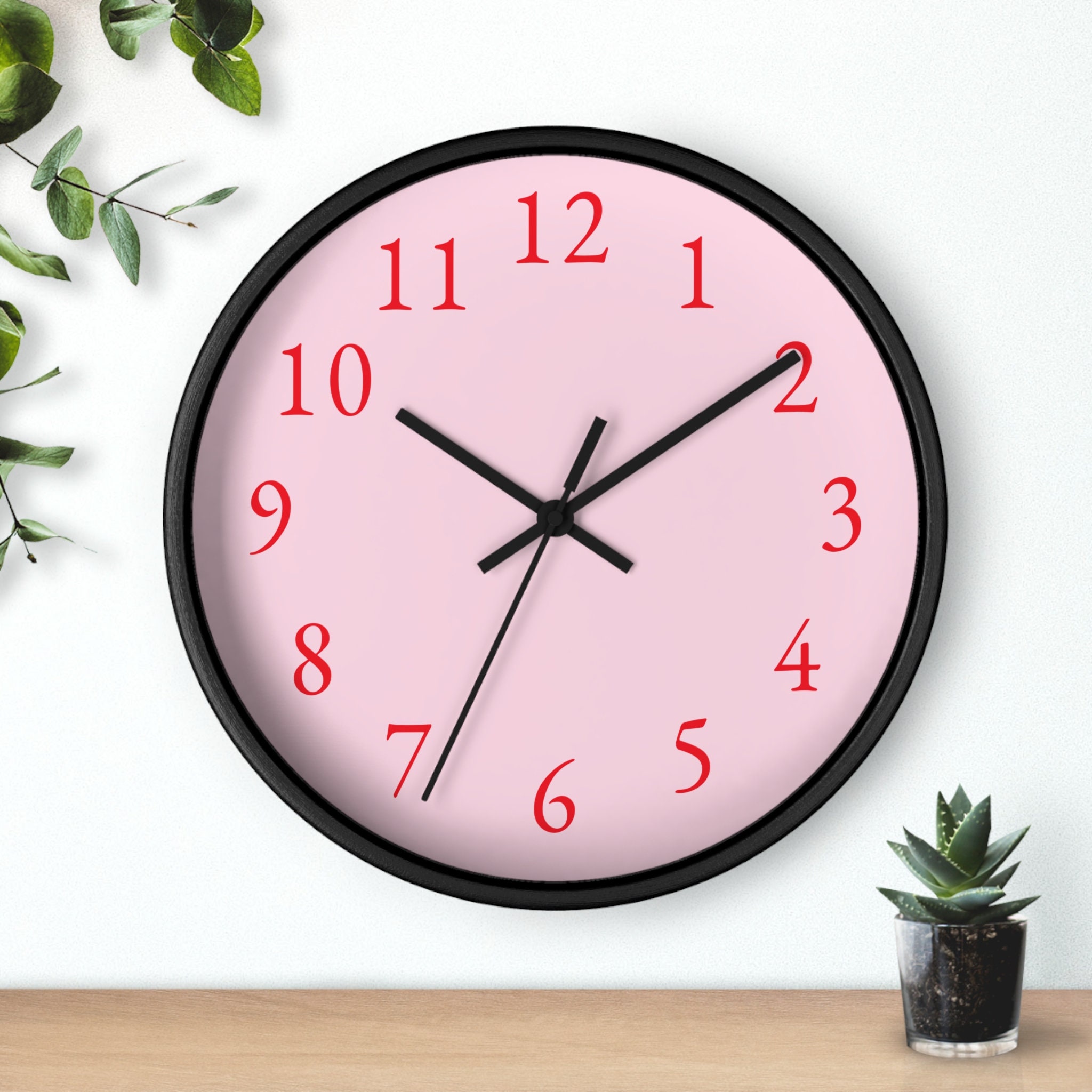 Pink Simple Wall Clock, Large Pink Clock With Red Numbers, Simple and ...
