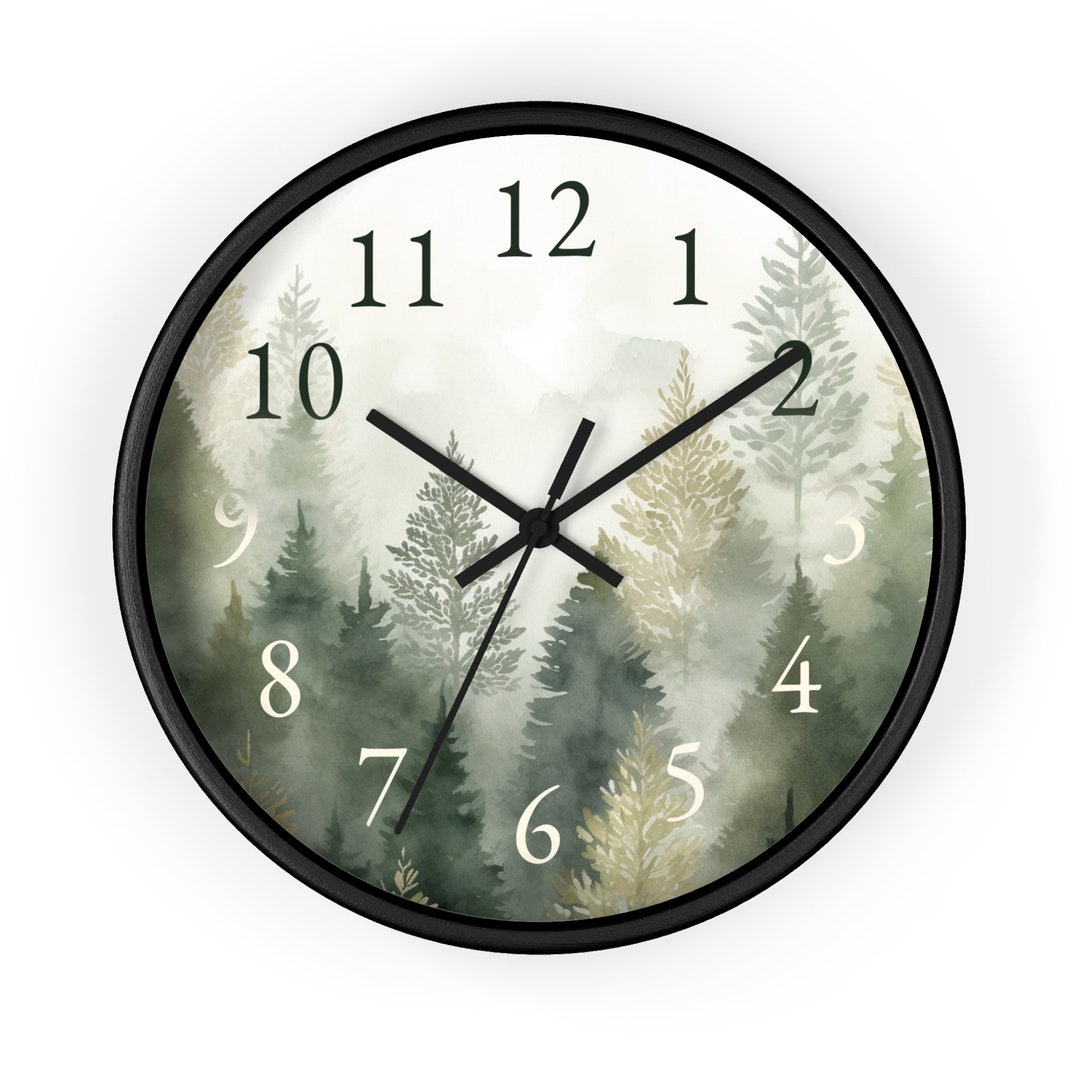 Watercolor Pine Trees and Mountains Wall Clock With Numbers, Foggy ...