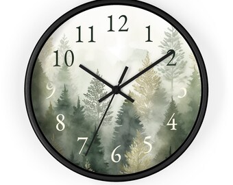 Watercolor Pine Trees and Mountains Wall Clock With Numbers, Foggy ...