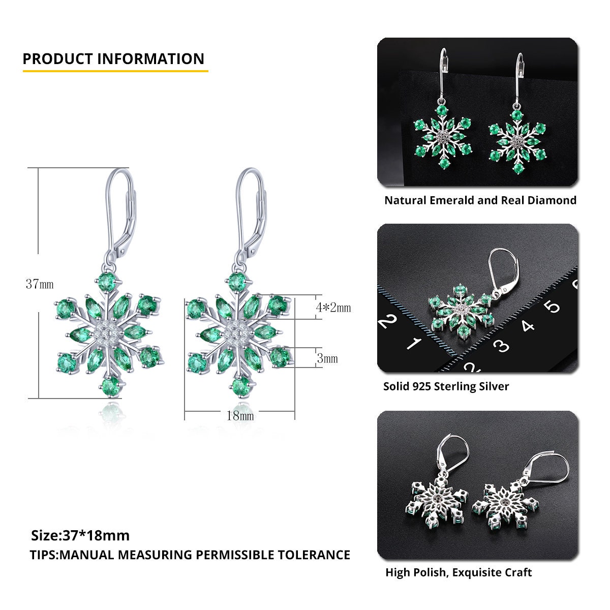 Snowflake Dangle Earrings, Emerald Dangle Snowflake Earrings, Green ...