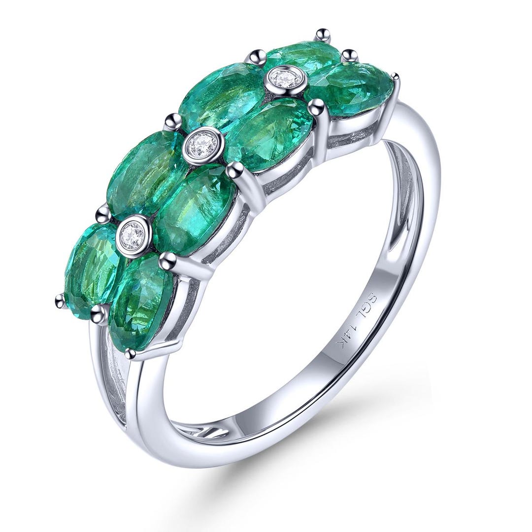 Elegant 14K White Gold Ring With Natural Emeralds and Real Diamonds ...