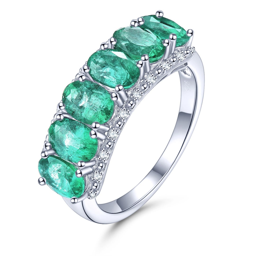 Emerald Oval Shape Silver Ring Semi-infinity Emerald Engagement Ring 2 ...