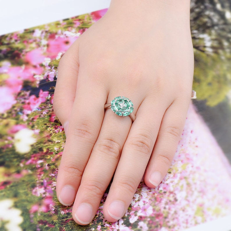 Round Green Emerald and Diamond Engagement Ring in Silver - Etsy
