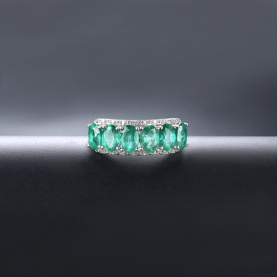 Emerald Oval Shape Silver Ring Semi-infinity Emerald Engagement Ring 2 ...