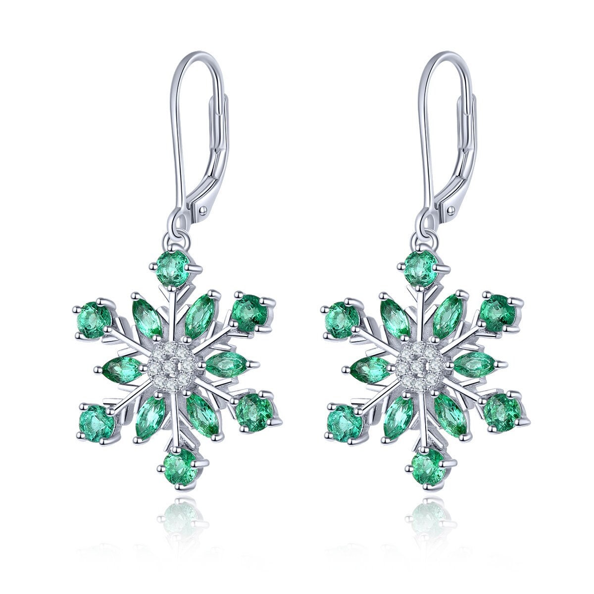 Snowflake Dangle Earrings, Emerald Dangle Snowflake Earrings, Green ...