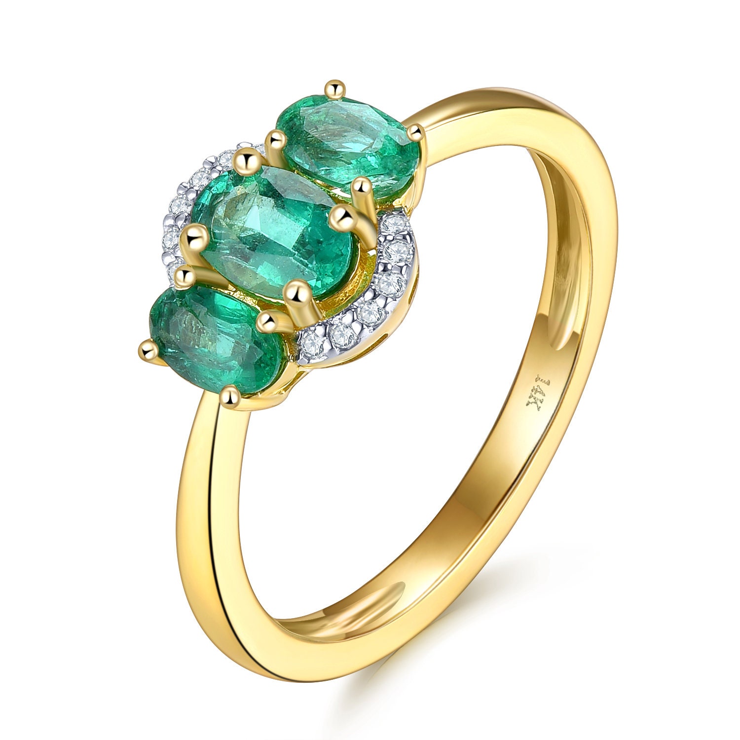 Three Stone Emerald Engagement Ring in 14K Yellow Gold, Natural Emerald ...