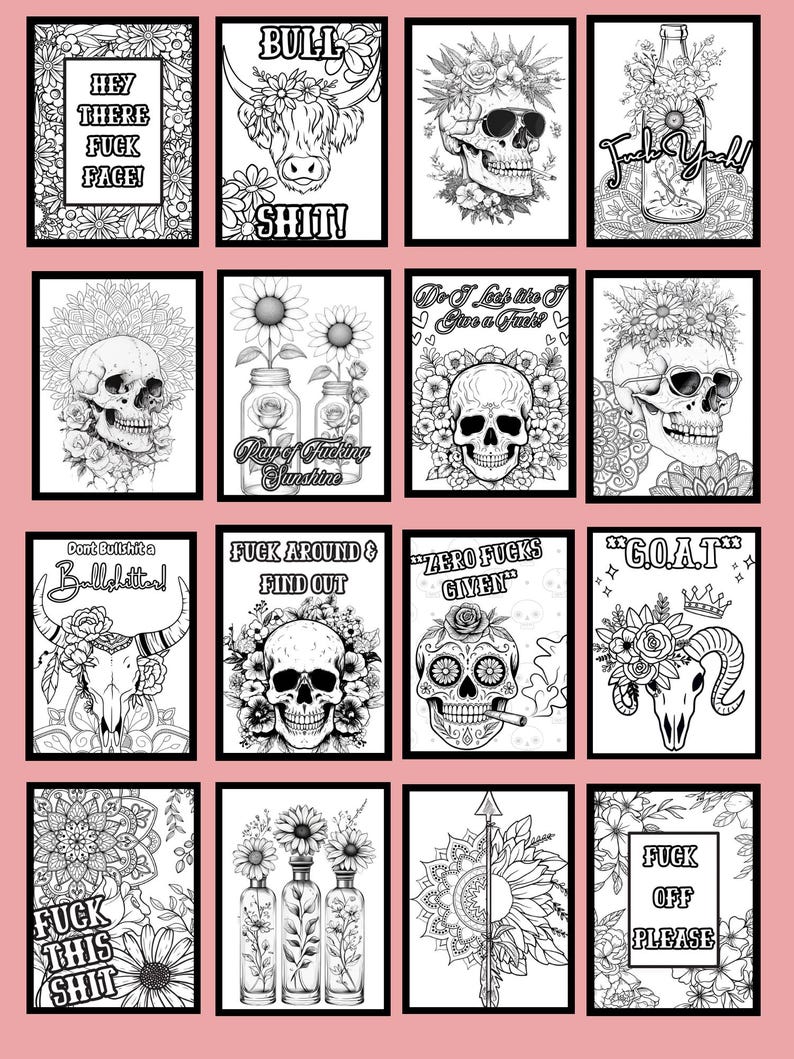 Cheeky Adult Swear Word Coloring Pages | Funny Printable Skull & Floral ...