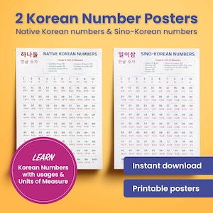 2 Printable Korean Number Posters, Native Korean Numbers & Sino-korean ...