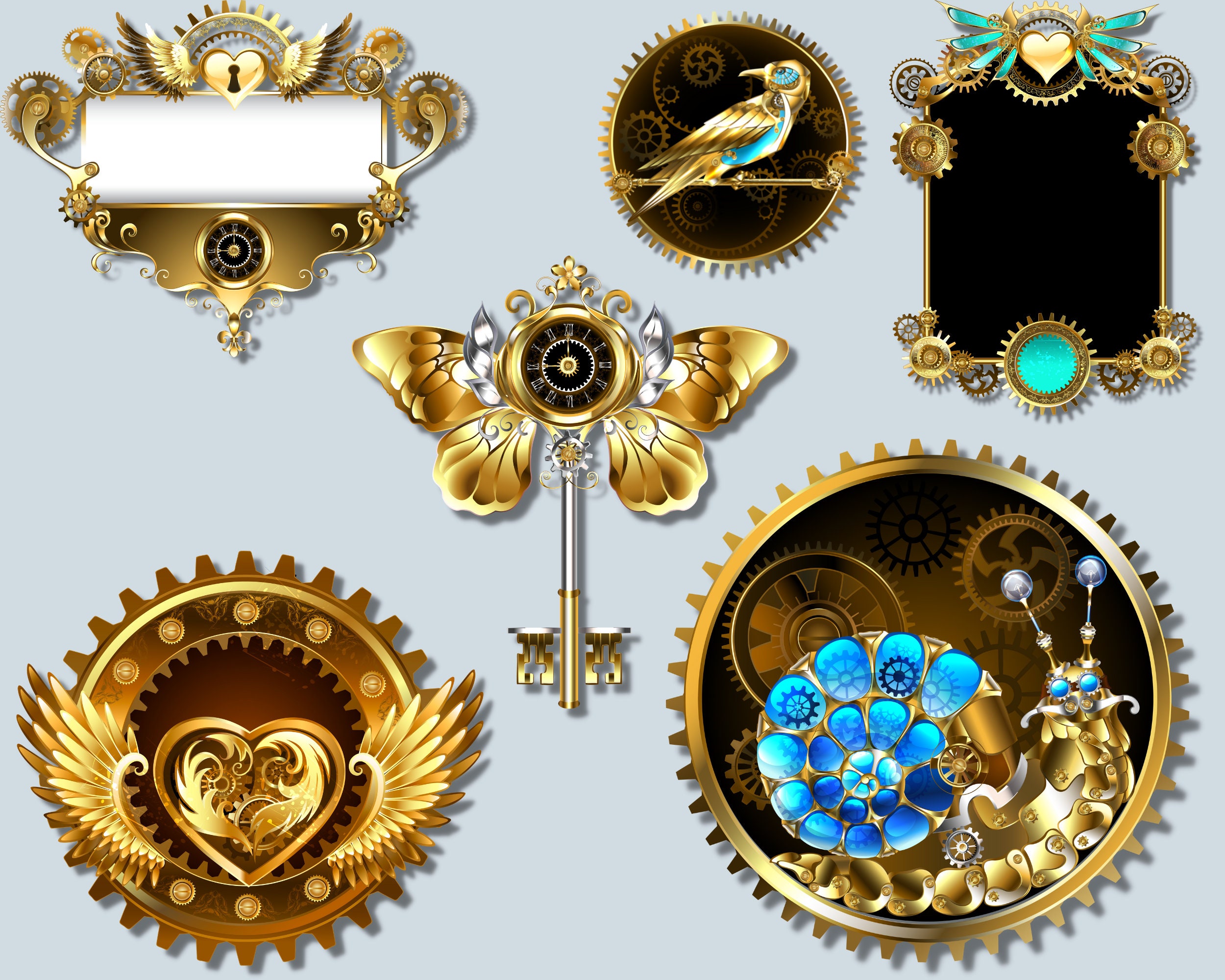 50 Steampunk Gold Desings, Clock Gears, Steampunk Clipart, Steampunk ...