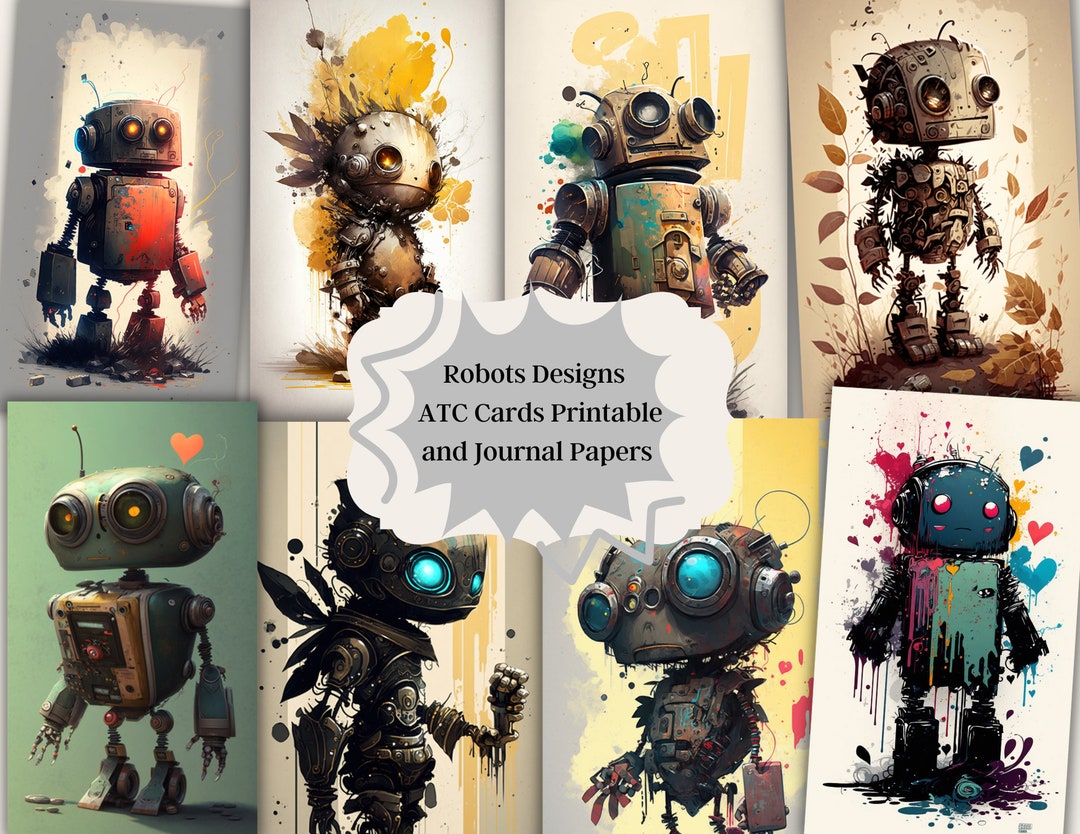 Robot Designs Jounal Cards Atc, Digital Paper, Ink Style,printable ...
