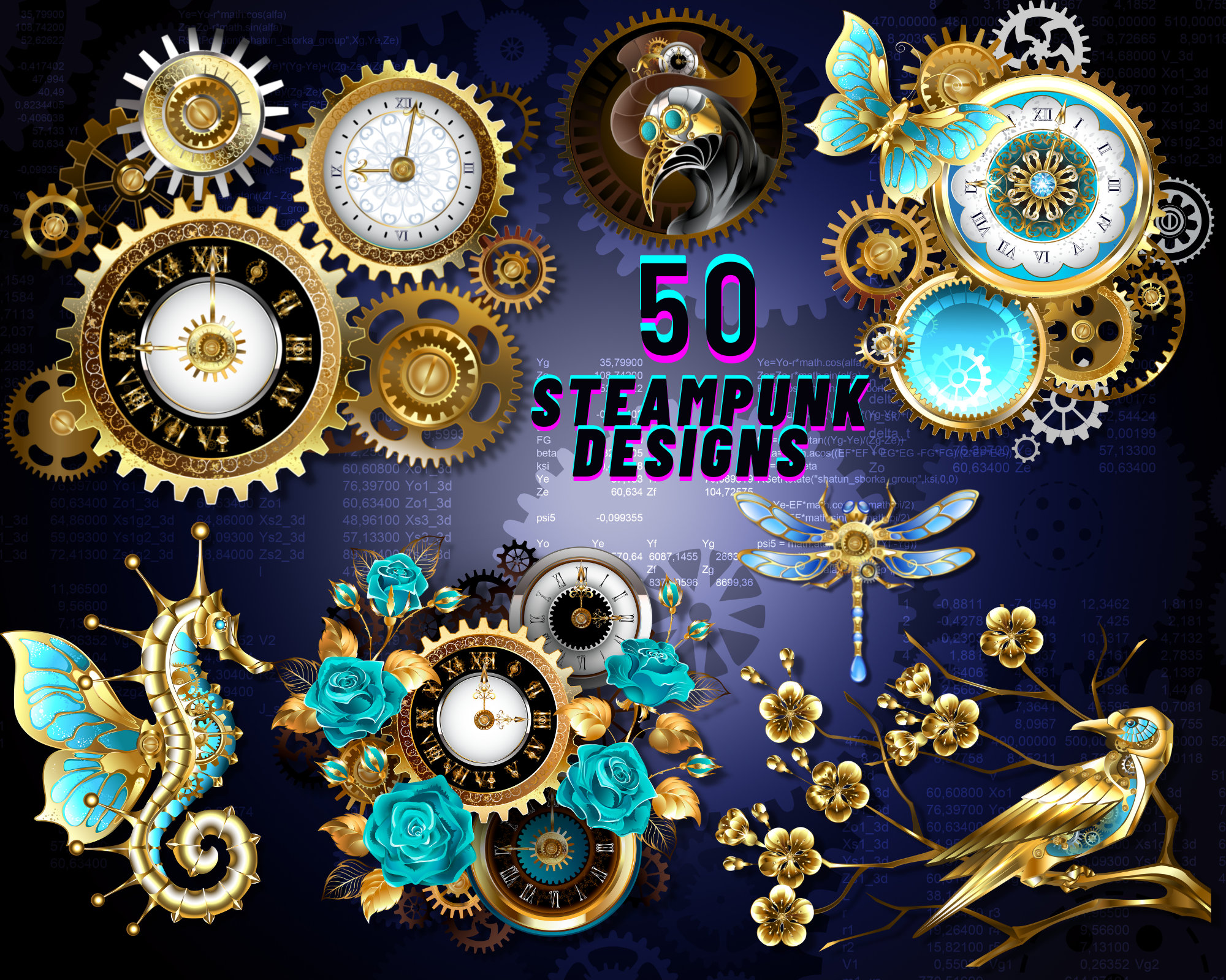 50 Steampunk Gold Desings, Clock Gears, Steampunk Clipart, Steampunk ...