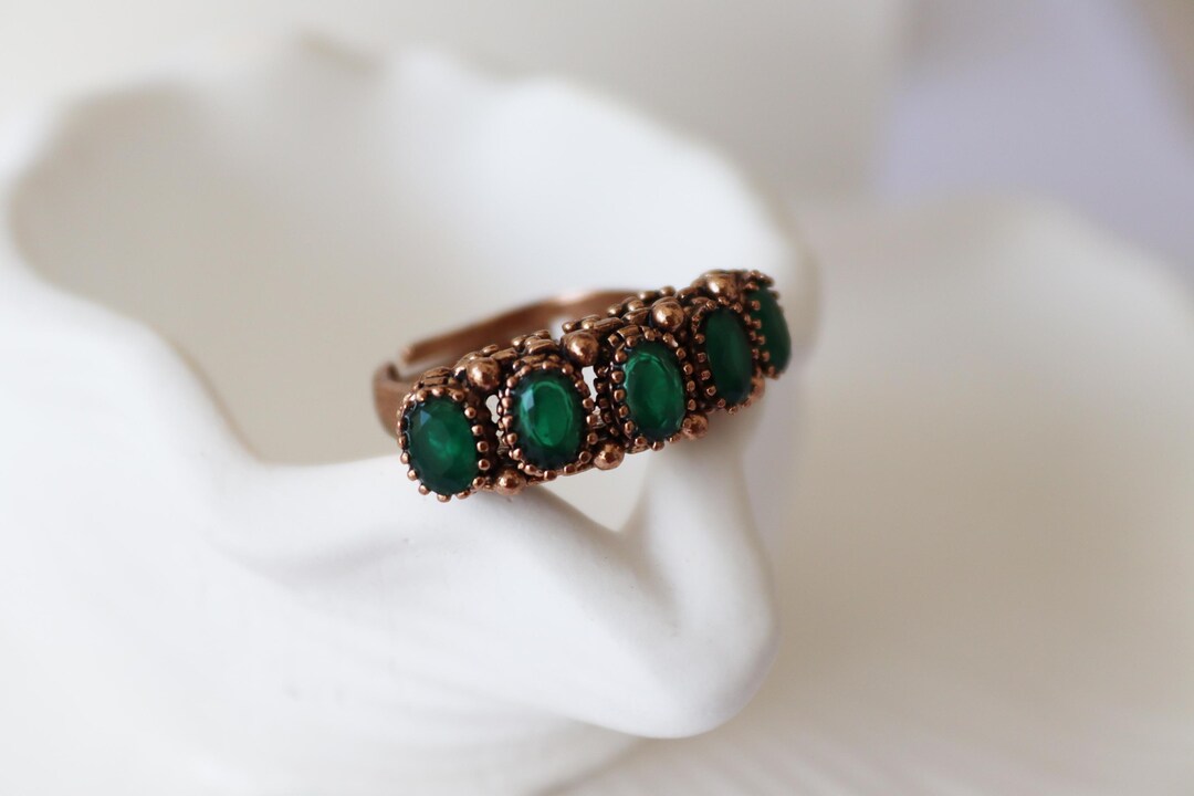 Bronze Ring: Vintage Style With Green Zirconia Gemstones - Etsy