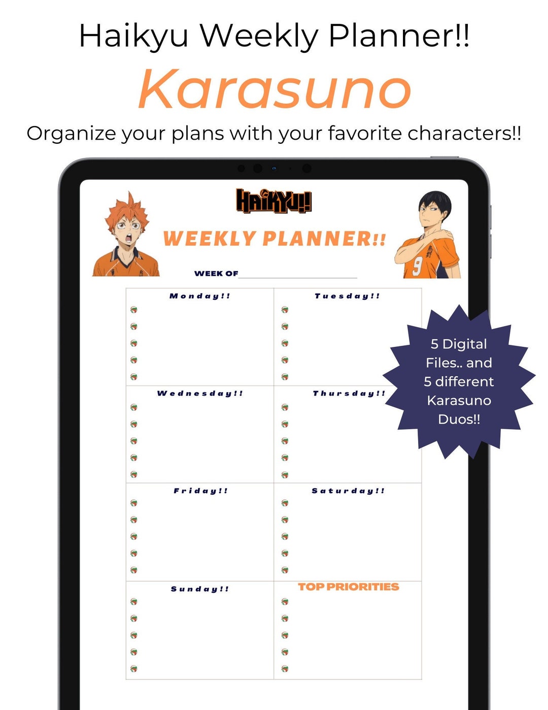 Haikyu Weekly Planner!! Five 1-page Digital Downloads / Printable Files ...