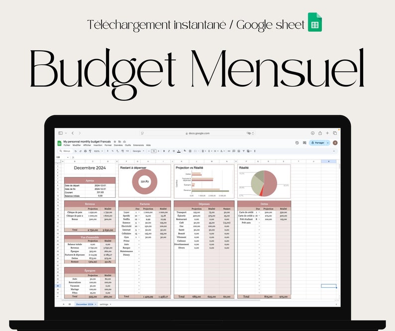 Monthly Budget Spreadsheet in French, Google Sheet, Easy to Use ...