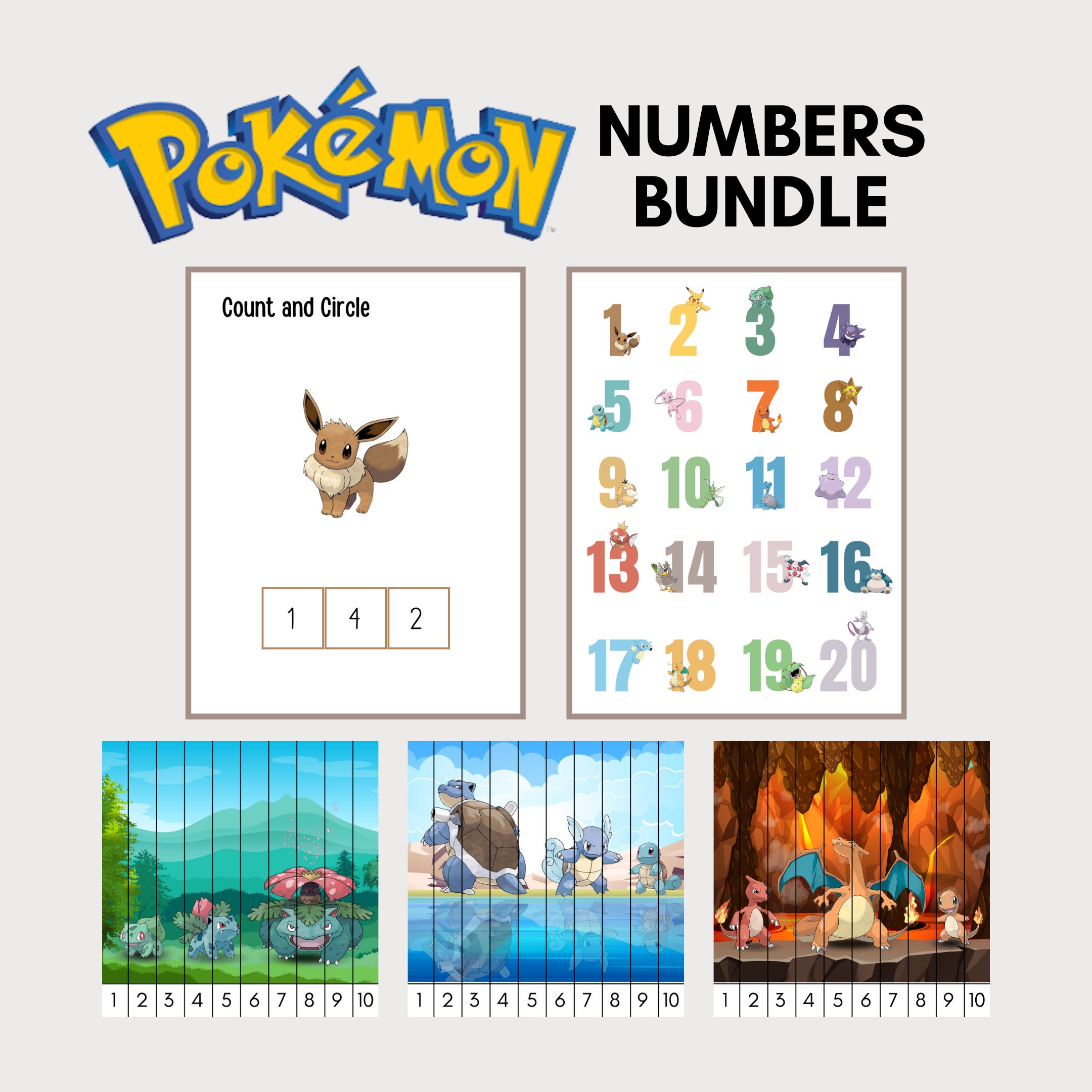 Pokemon Numbers Bundle | Printable Pokemon Numbers Puzzle, Worksheet ...