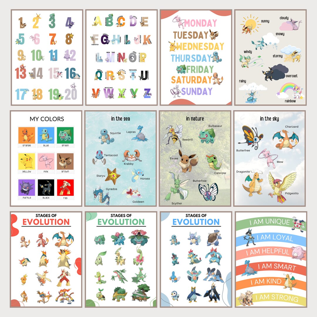 12 Pokemon Poster Bundle Printables, Pokemon Gift, Educational Pokemon ...