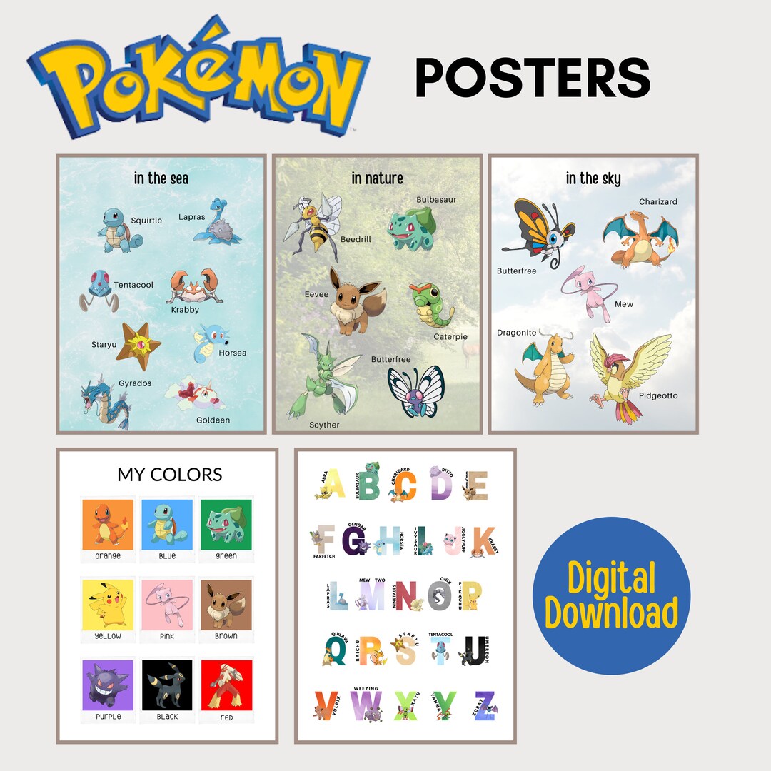 5 Pokemon Poster Bundle Printables, Pokemon Gift, Educational Pokemon ...
