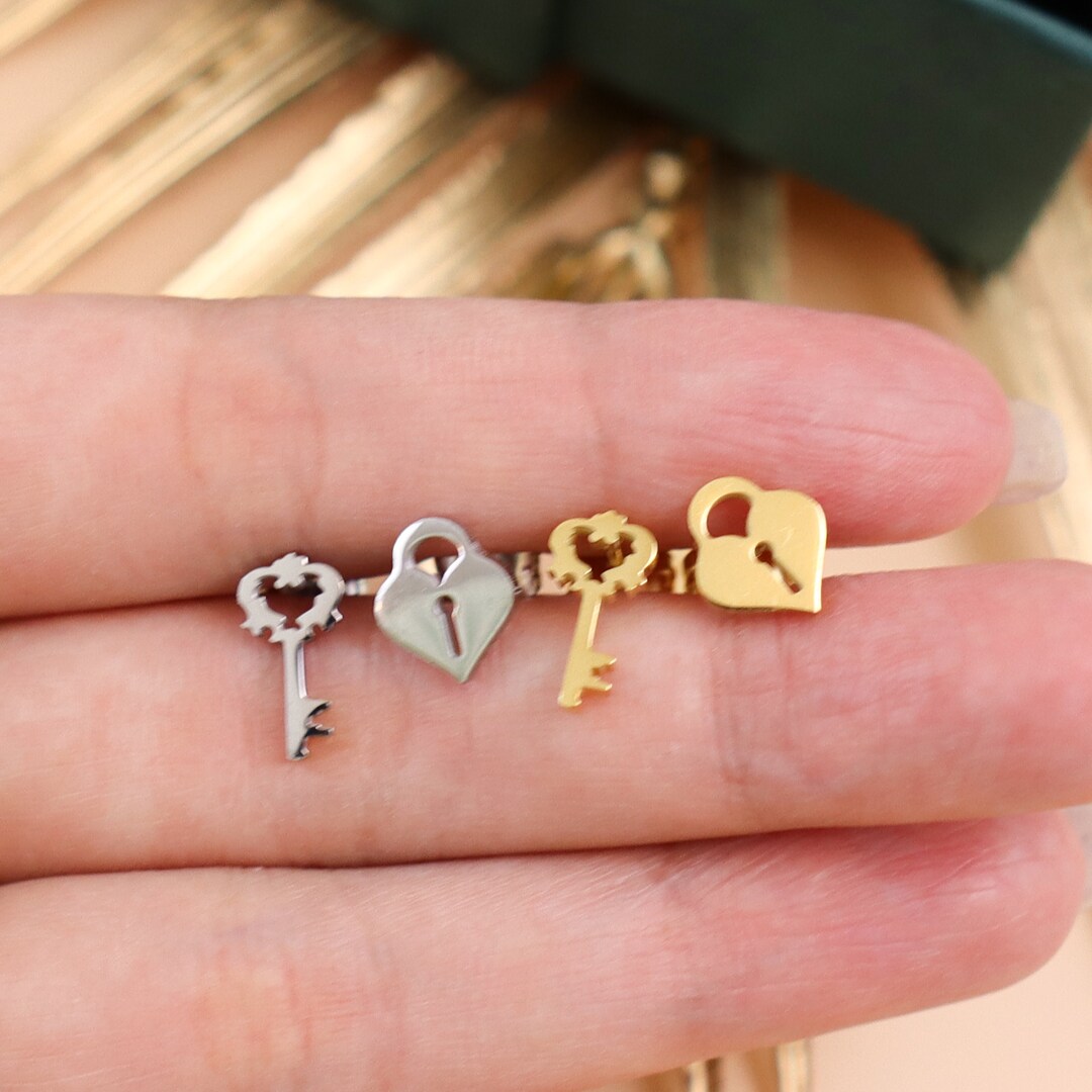 Titanium Key Lock Stud Earrings, Non Tarnish Earrings, Implant Grade Titanium Waterproof ...
