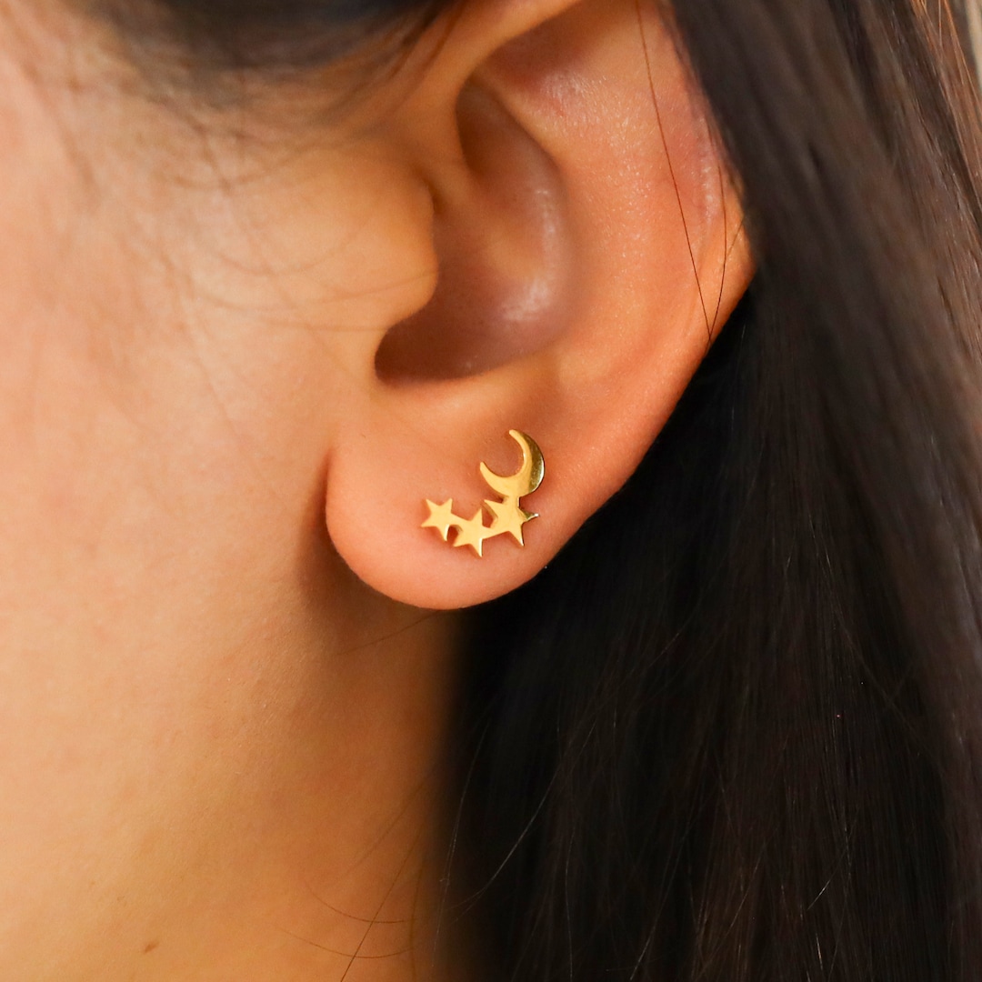 Titanium Crescent Moon Stars Stud Earrings Set, Non Tarnish, Implant ...