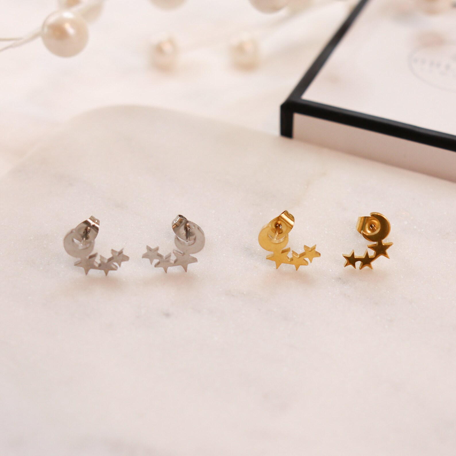 Titanium Crescent Moon and Stars Stud Earrings Set - Etsy
