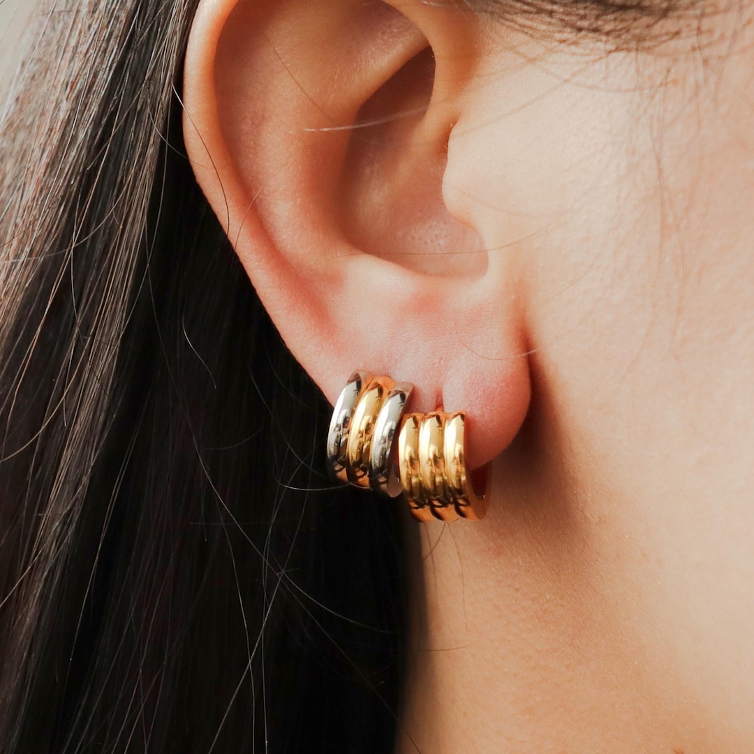 Titanium Triple Carved Huggies Hoop Earrings, Non Tarnish Earrings, Implant Grade Titanium ...