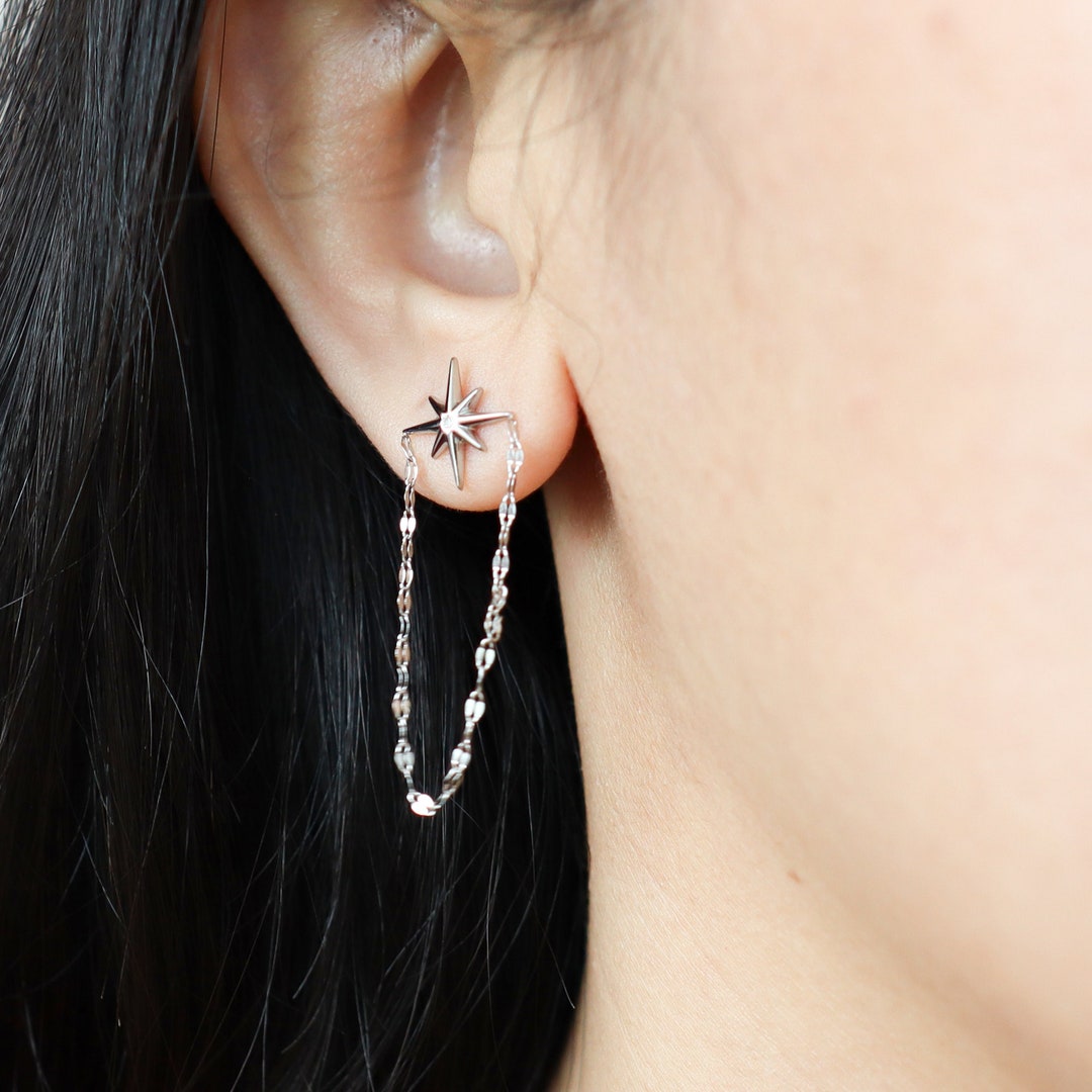 Titanium Star Chain Earrings, Push Back, Gold Silver Non Tarnish ...