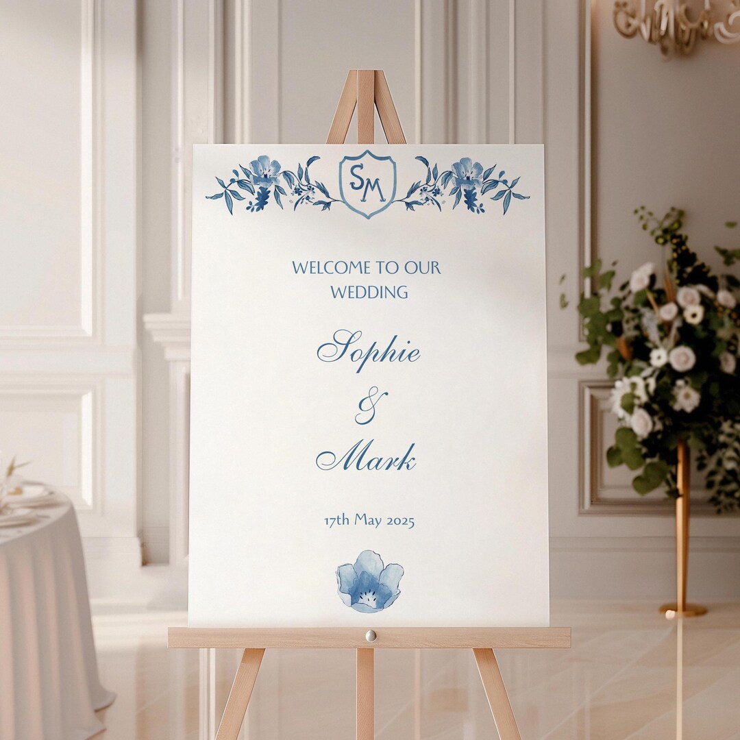 Dusty Blue Floral Wedding Welcome Sign: Editable Canva Template - Etsy