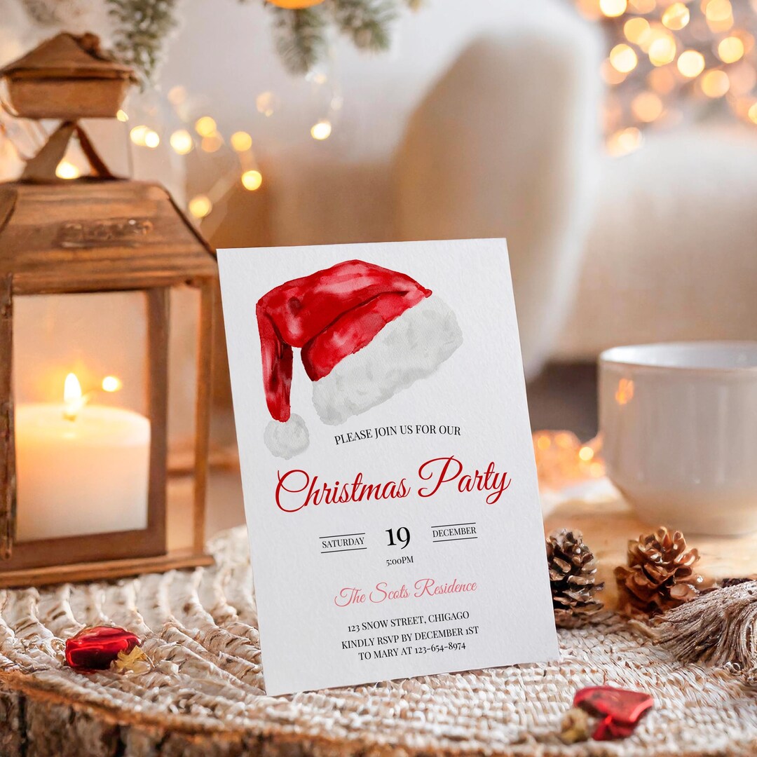 Elegant Christmas Party Invitation Template: Santa Hat Design (CANVA ...