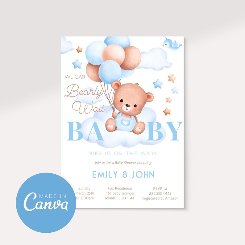 Editable Bear Baby Shower Invitation: Blue Balloons (canva Template) - Etsy