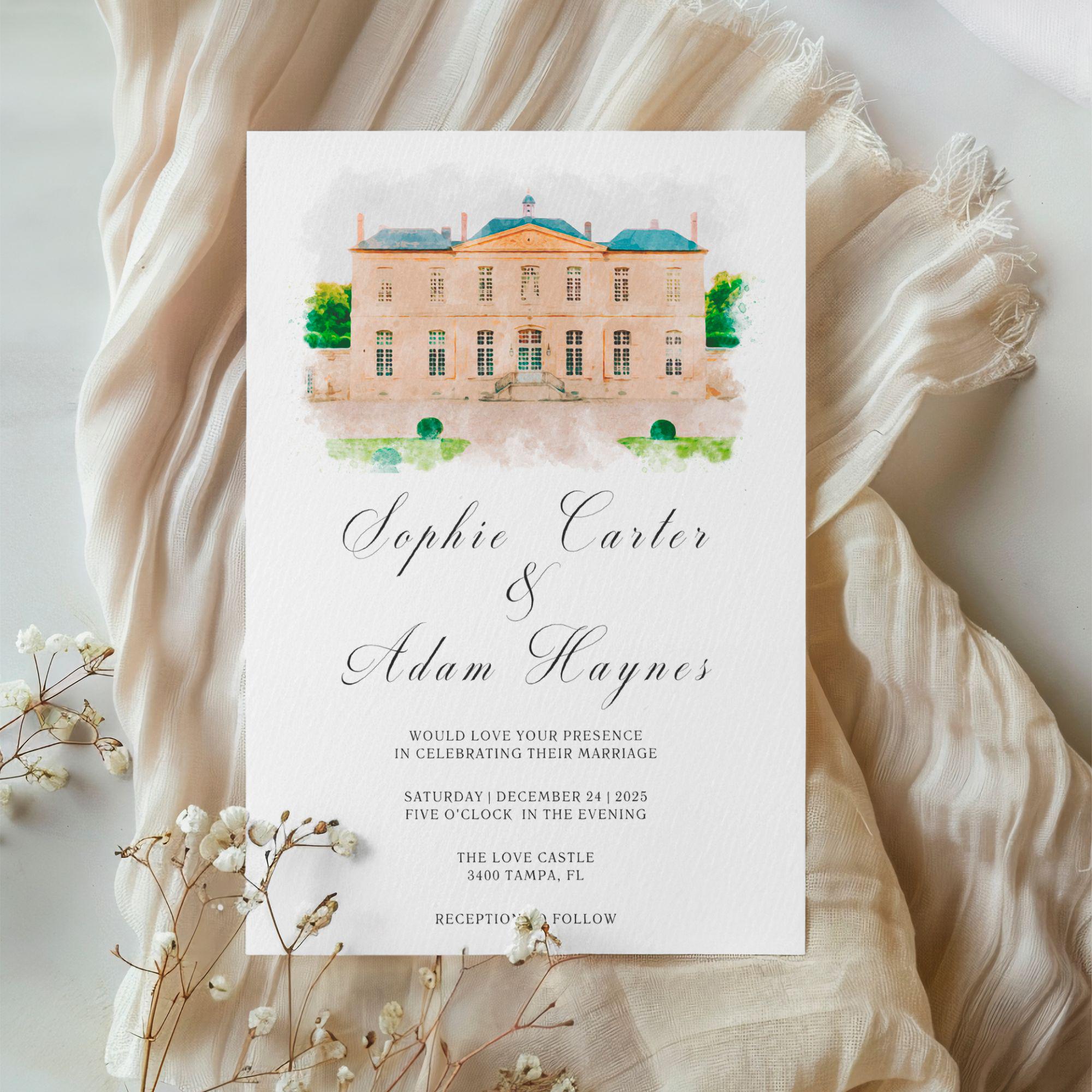 Watercolor Venue Wedding Invitation: Custom Digital Illustration (PNG ...