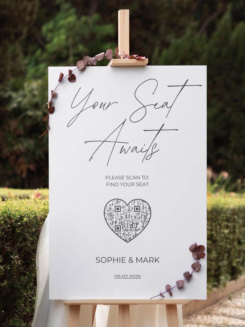 Digital Seating Chart With Heart QR Code Sign Template, Wedding ...